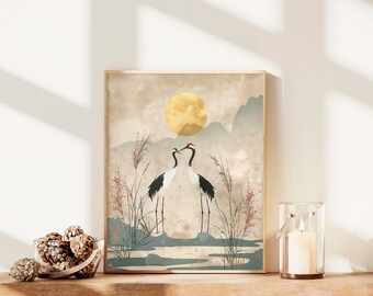 Aesthetic Dancing Crane Japanese Wall Art Print Flock Flying Birds ...