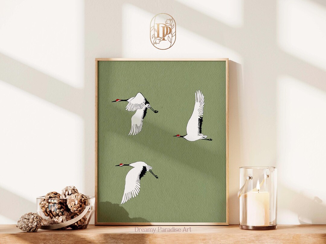 Aesthetic Sage Green Cranes Japanese Wall Art Print Flock Flying Birds ...