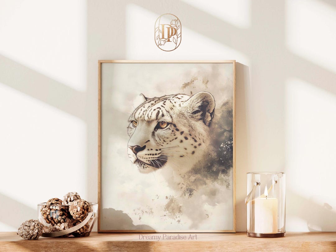 Snow Leopard Watercolor Painting Japandi Wall Art Big Cat Mountain ...