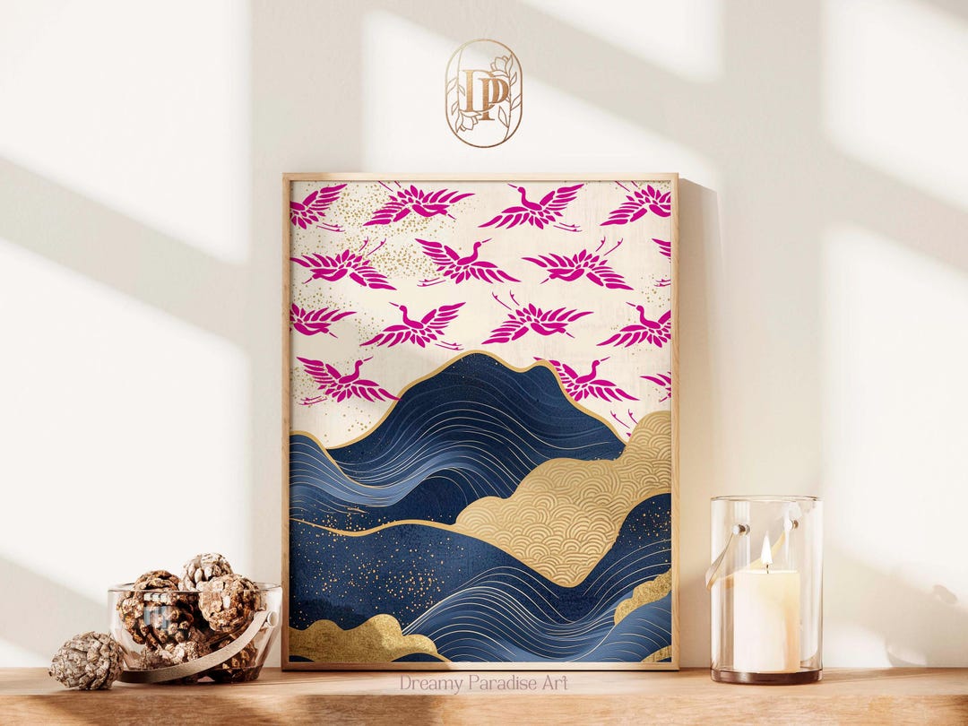Ocean Waves Pink Cranes Japandi Wall Art Coquette Room Decor Art Living ...