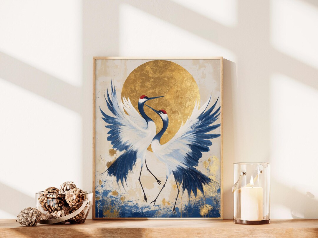 Aesthetic Gold Cranes Japanese Wall Art Print Flock Flying Birds Print ...