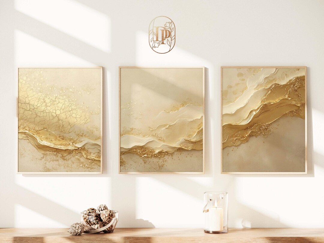 Three Pieces Gold Beige Cream Japandi Digital Wall Art Prints Kintsugi ...