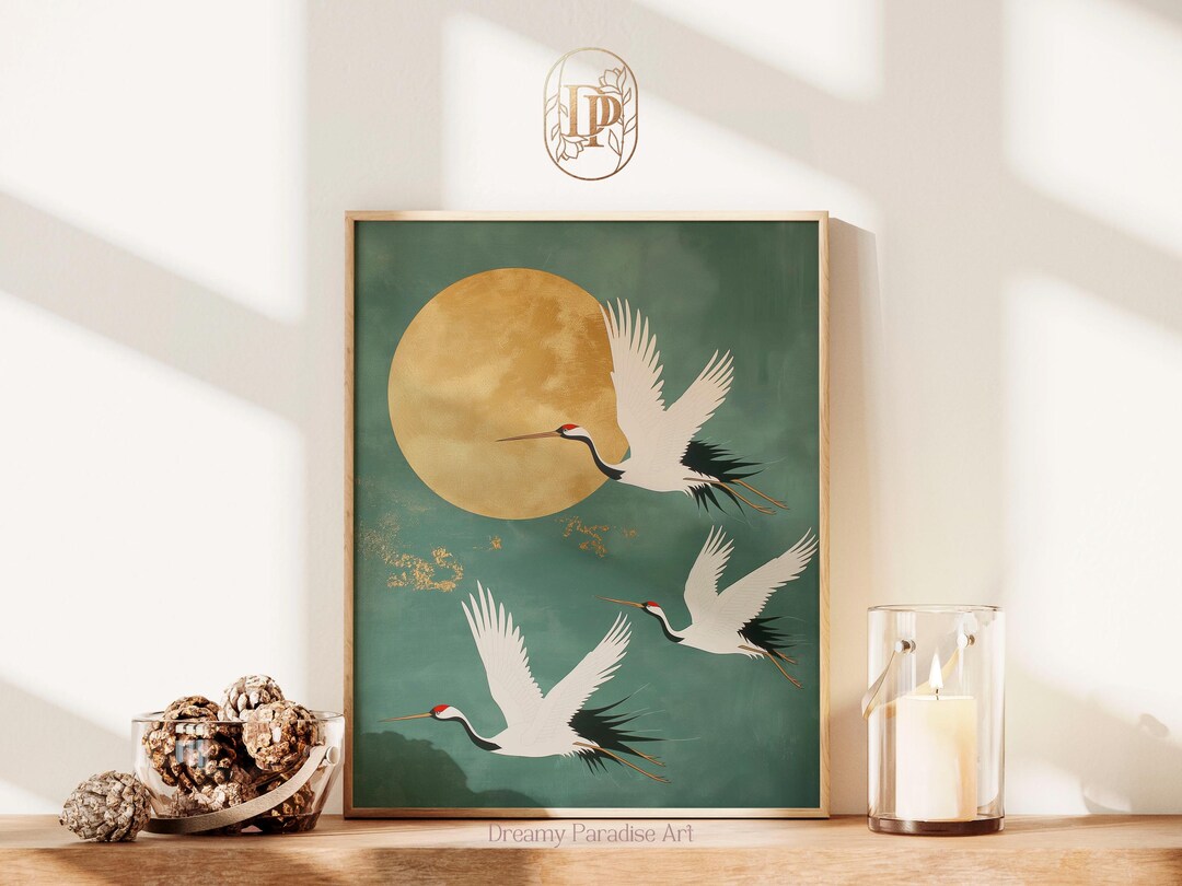 Aesthetic Gold Cranes Japanese Wall Art Print Flock Flying Birds Print ...