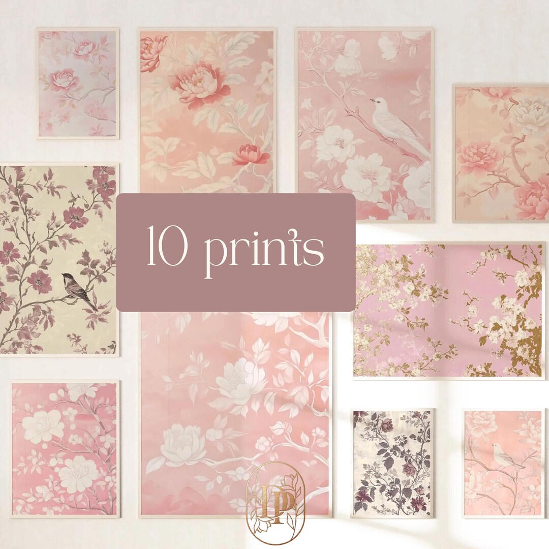 French Toile Love Shack Wall Art Pink Vintage Floral Print Set of 10 ...