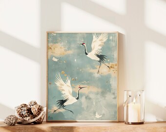 Aesthetic Dancing Crane Japanese Wall Art Print Flock Flying Birds ...