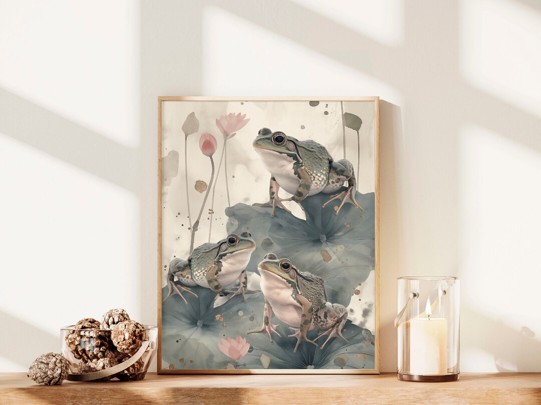Aesthetic Frogs Sage Green Japanese Wall Art Painting Print Living Room ...