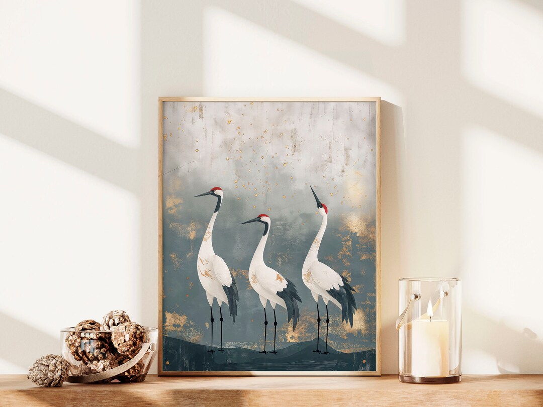 Aesthetic Cranes Sage Green Japanese Wall Art Painting Birds Print ...