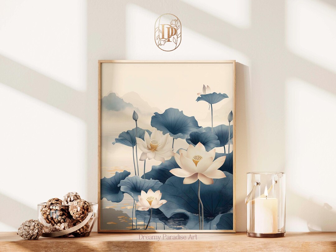 Aesthetic Lotus Flowers Blossom Japandi Wall Art Living Room Decor Boho ...