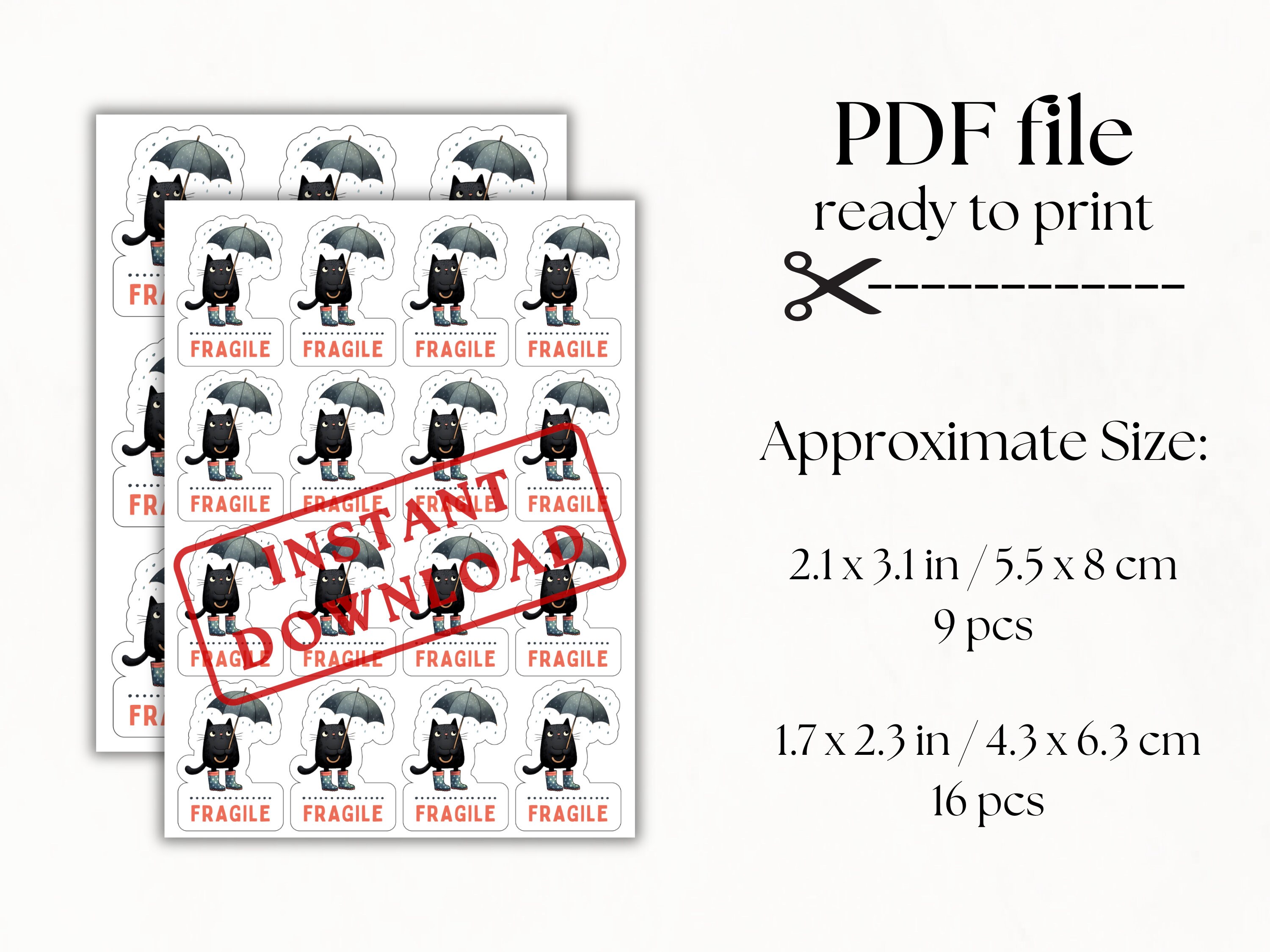 Printable Fragile Stickers Black Cat Under Umbrella Packaging Labels ...