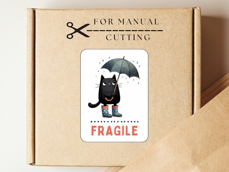 Printable Fragile Stickers Black Cat Under Umbrella Packaging Labels ...