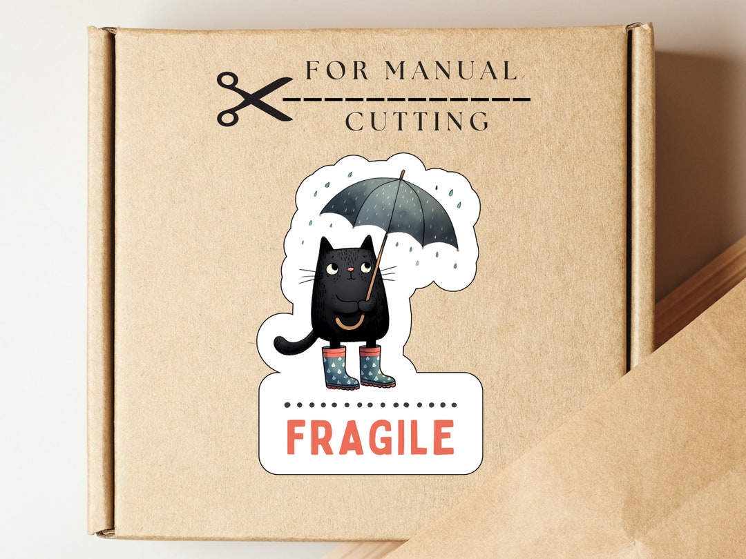 Printable Fragile Stickers Black Cat Under Umbrella Packaging Labels ...