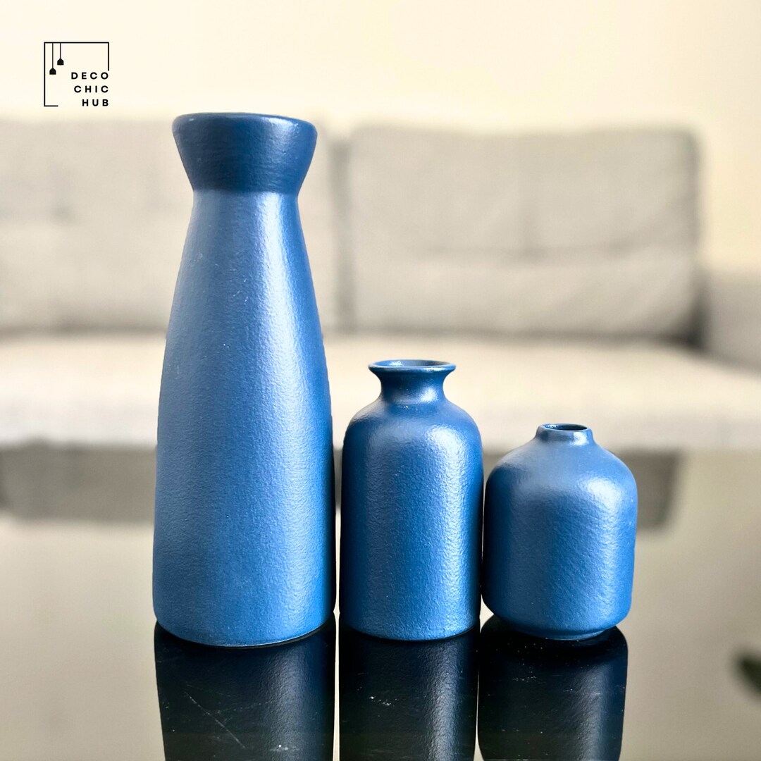 Blue Ceramic Vase Set of 3, Living Room Flower Arrangement, Decorative ...