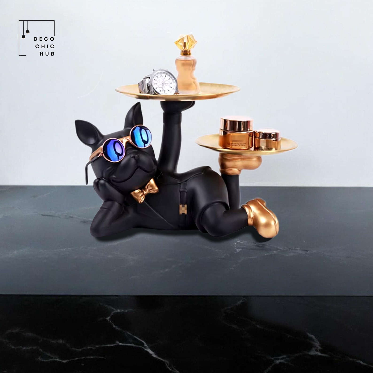Resin Black Bulldog Statue Storage Trays, Strange Key Holder Set Bowl ...