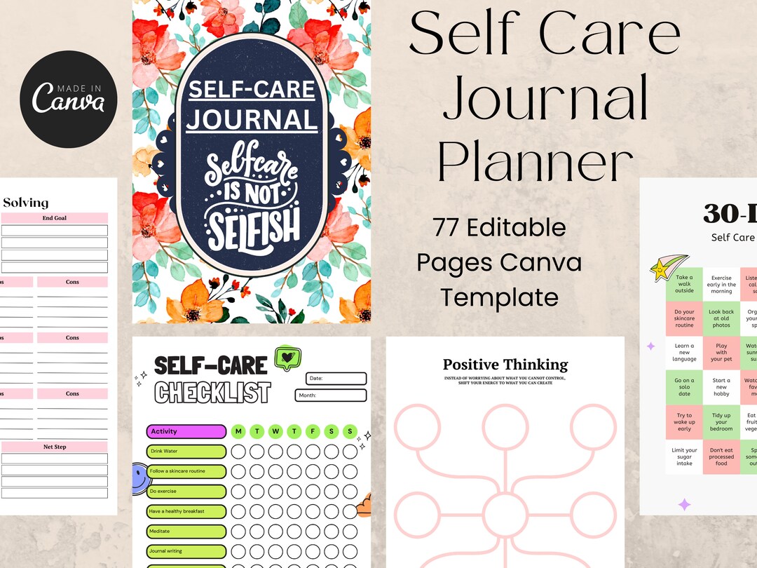 Editable 77 Page Self-care Journal Planner Canva Template - Etsy