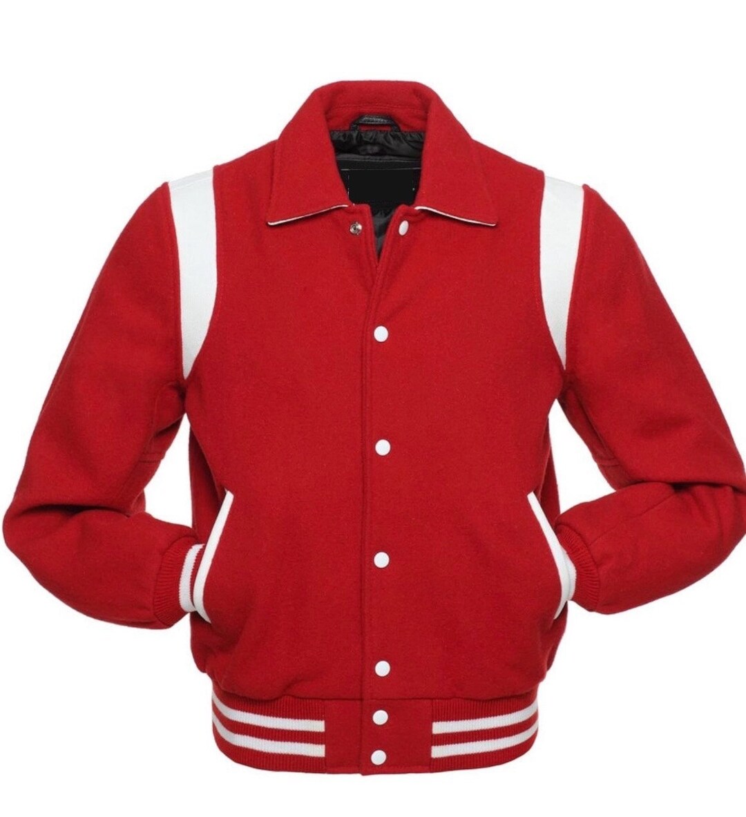Red&white Retro Varsity Letterman Baseball Bomber Jacket, 100% Melton ...