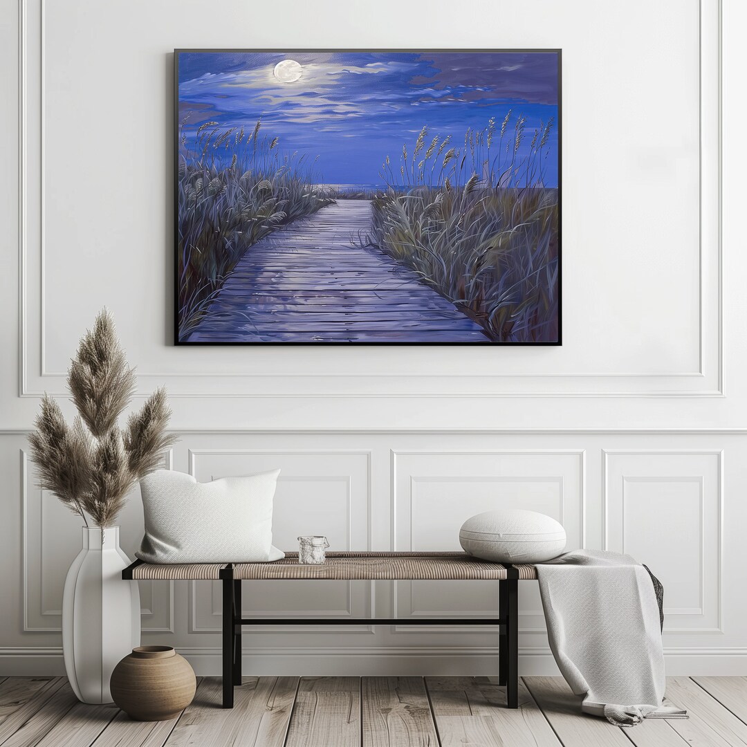Moon Rise Boardwalk Oil Painting Print Coastal Wall Art, Beach ...