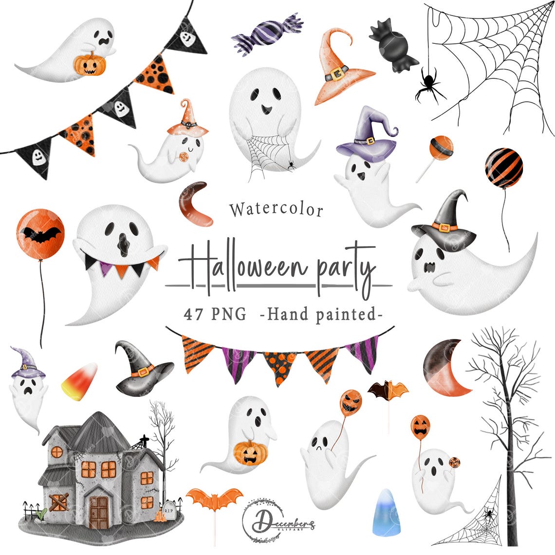 Halloween Clipart, Halloween Party Clipart, Halloween Watercolor ...