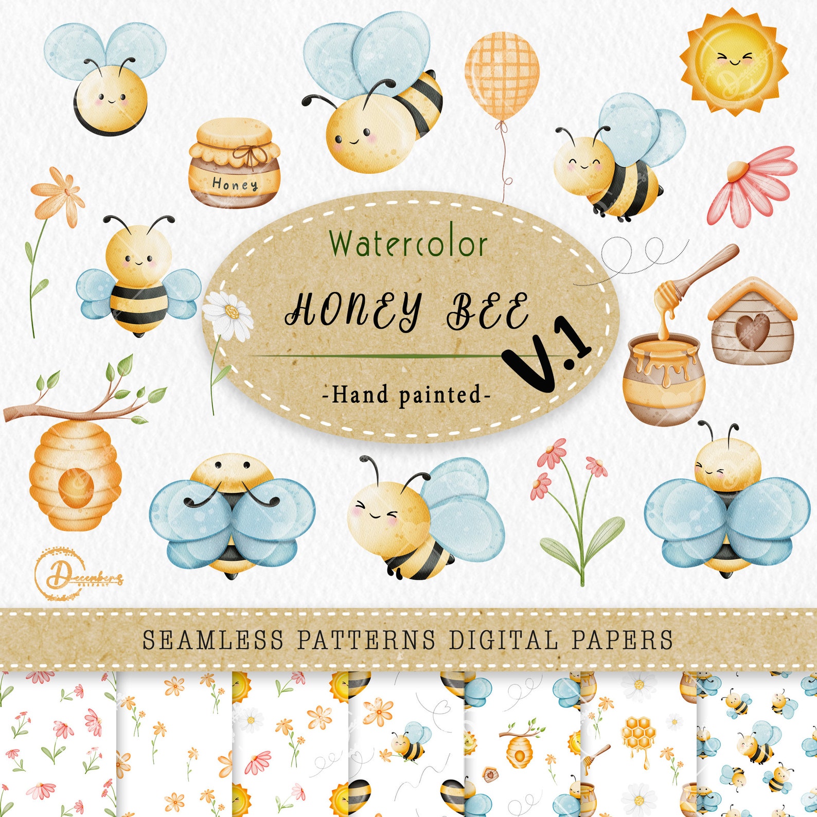Watercolor Bee Clipart, Honey Bee, Bee Clipart, Seamless Pattern, Bee ...
