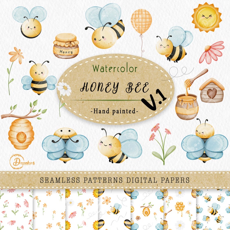 Watercolor Bee Clipart, Honey Bee, Bee Clipart, Seamless Pattern, Bee ...