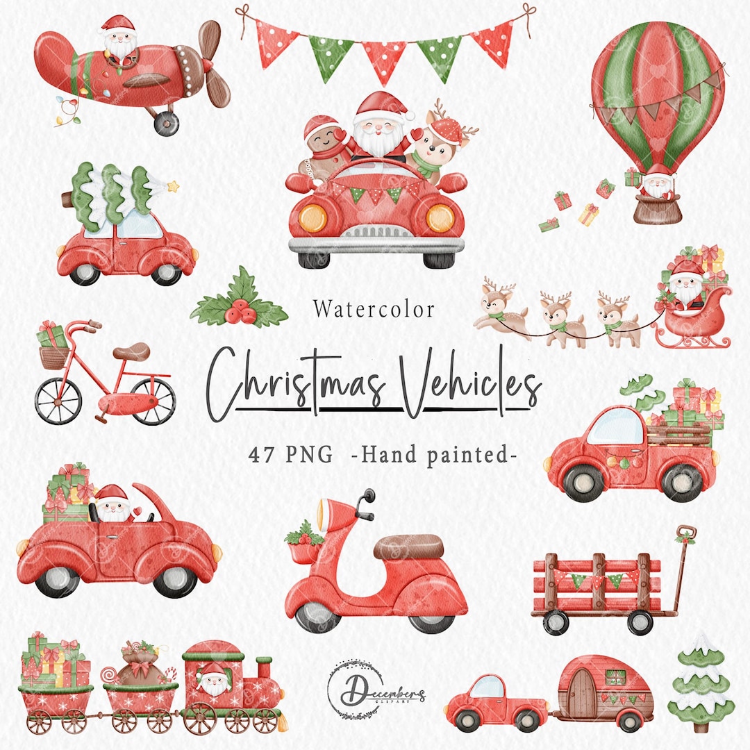 Watercolor Christmas Clipart, Christmas Vehicles Clipart, Christmas Car ...
