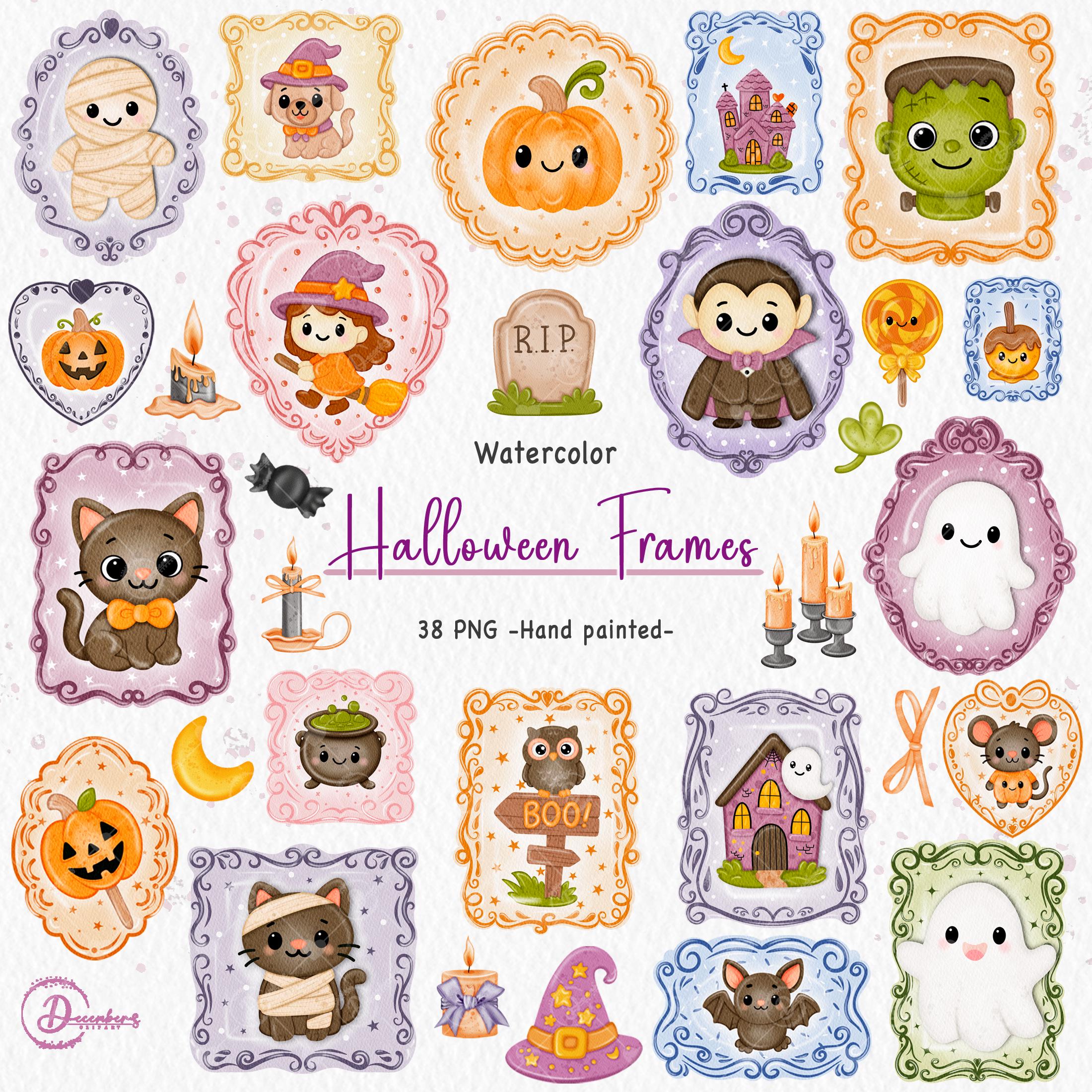 Watercolor Halloween Frames PNG Clipart, Cute Ghost Pumpkin Cat Witch ...