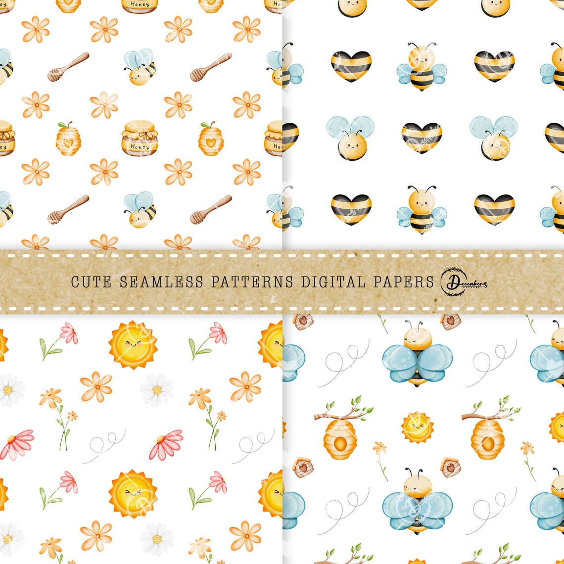 Watercolor Bee Clipart, Honey Bee, Bee Clipart, Seamless Pattern, Bee ...