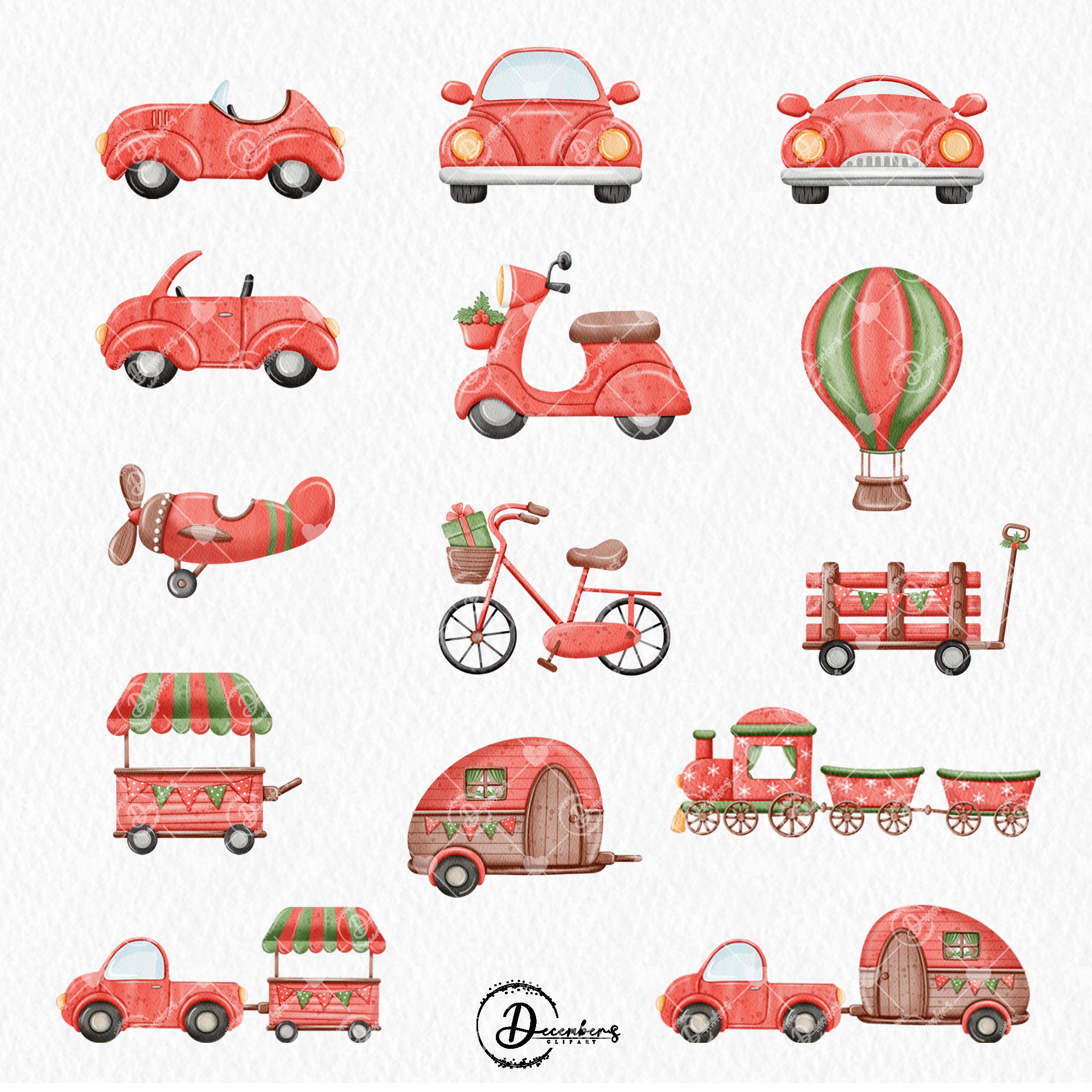 Watercolor Christmas Clipart, Christmas Vehicles Clipart, Christmas Car ...