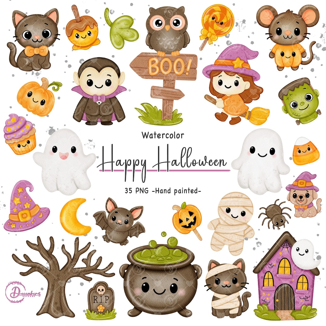 Watercolor Cute Halloween Clipart PNG, Trick or Treat Clipart Hand ...