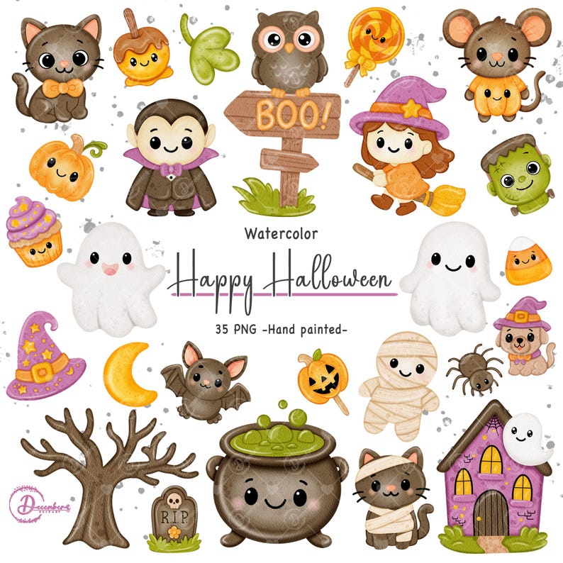 Watercolor Cute Halloween Clipart PNG, Trick or Treat Clipart Hand ...
