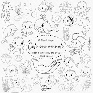 Cute Sea Animals Outline PNG SVG, Under the Sea Clipart, Black and ...