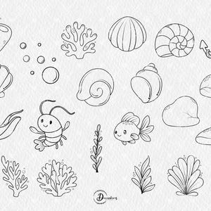 Cute Sea Animals Outline PNG SVG, Under the Sea Clipart, Black and ...