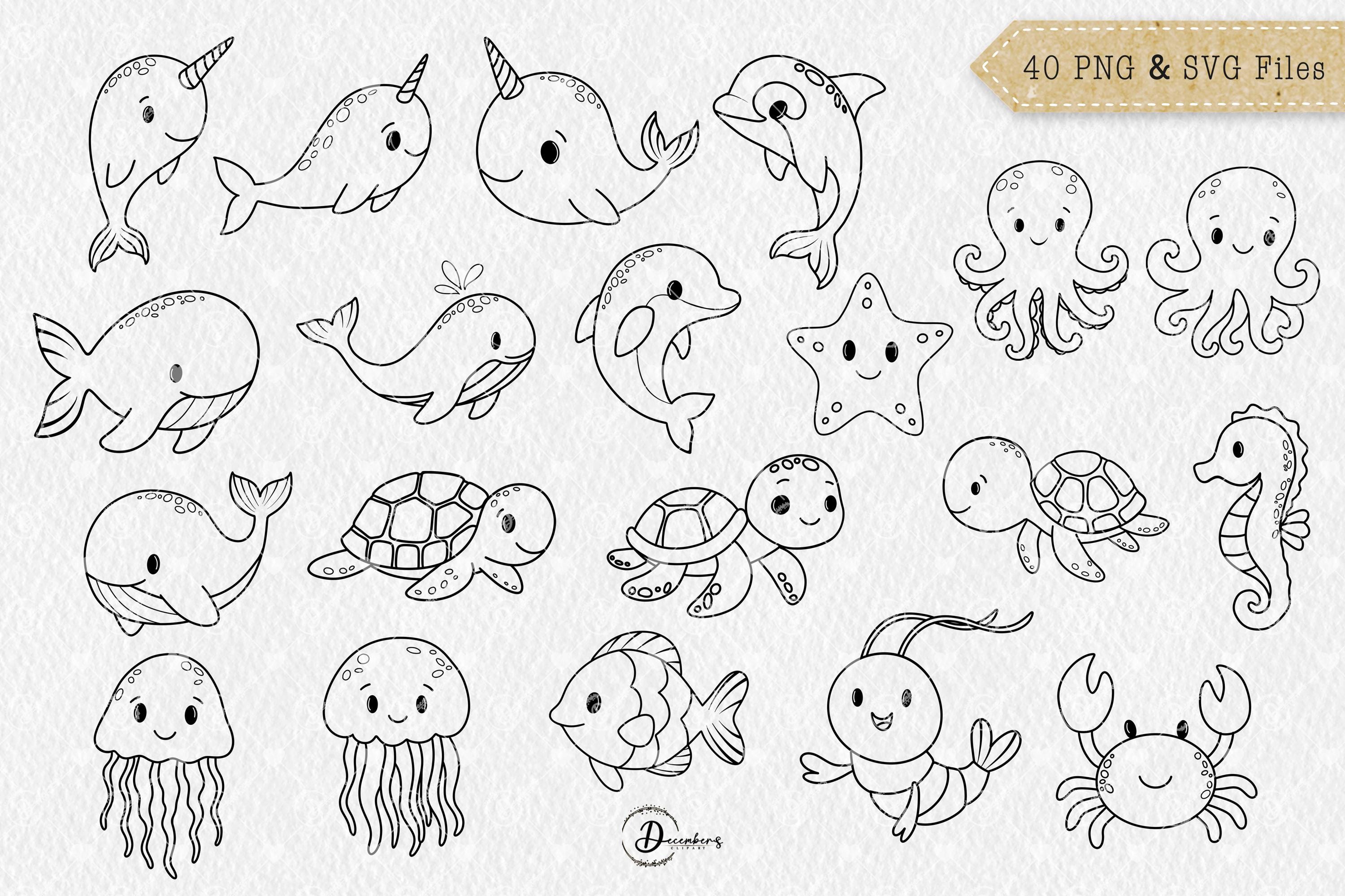 Under the Sea Clipart, Cute Ocean Animals Outline PNG SVG, Black and ...