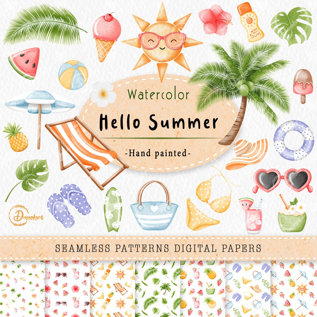 Summer Clipart, Watercolor Summer Clipart, Beach Clipart, Holiday ...