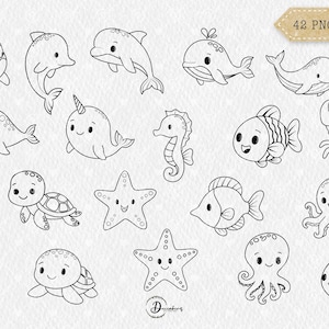 Cute Sea Animals Outline PNG SVG, Under the Sea Clipart, Black and ...