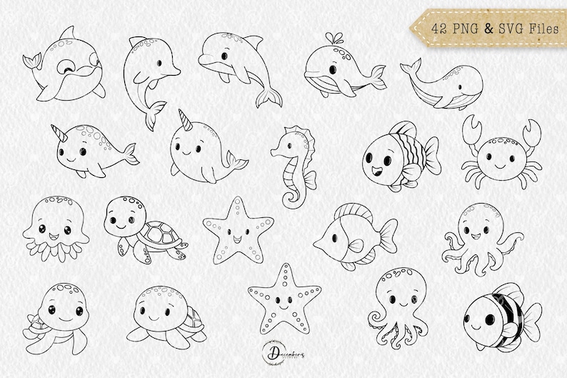 Cute Sea Animals Outline PNG SVG, Under the Sea Clipart, Black and ...