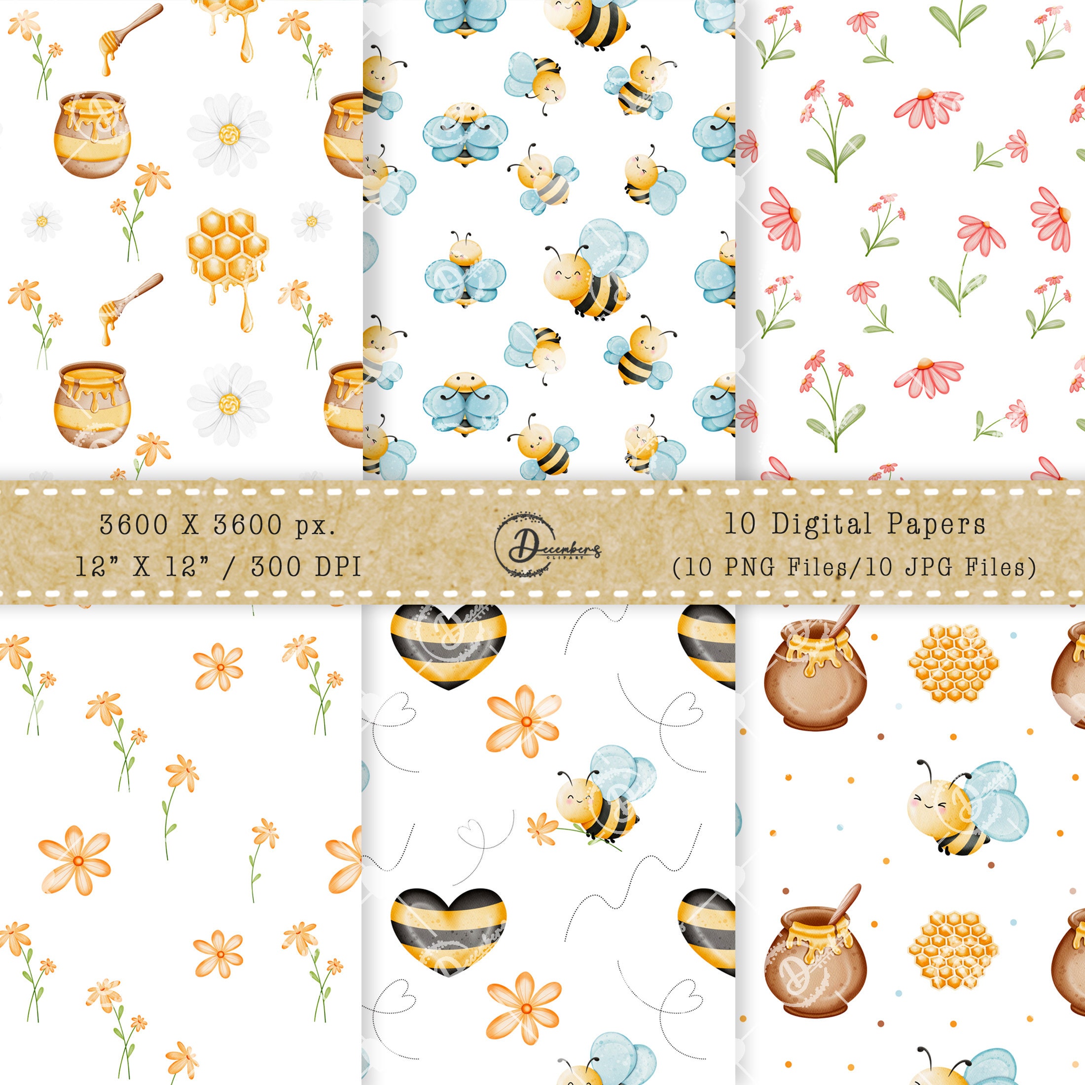 Watercolor Bee Clipart, Honey Bee, Bee Clipart, Seamless Pattern, Bee ...