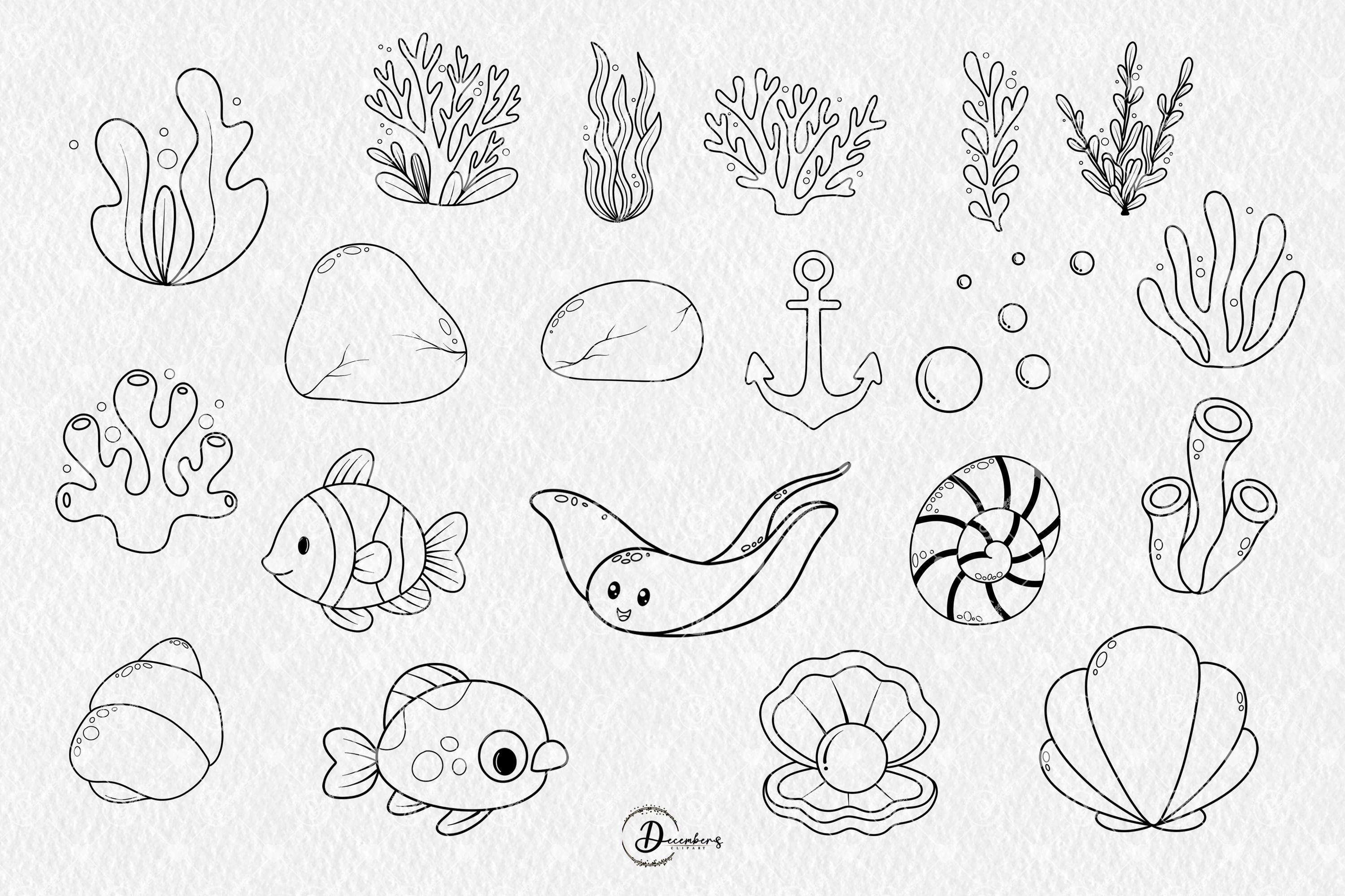 Under the Sea Clipart, Cute Ocean Animals Outline PNG SVG, Black and ...