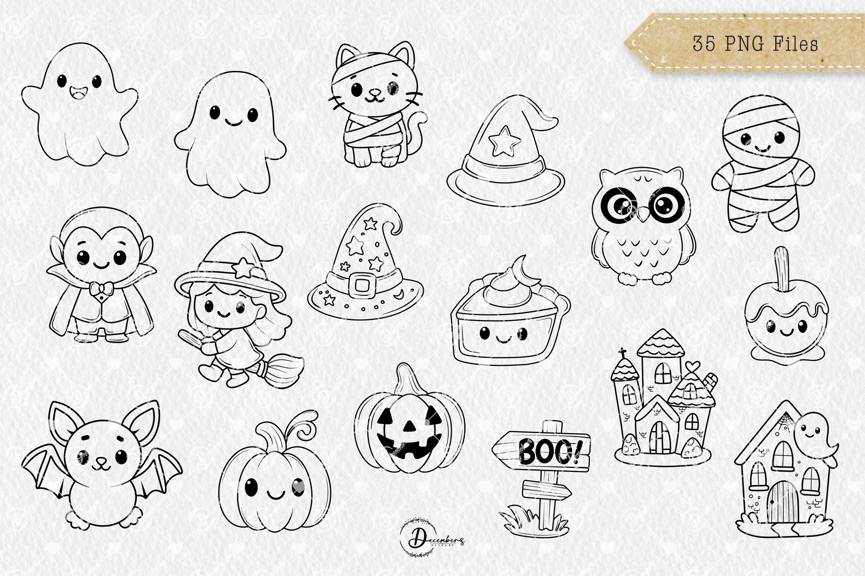 Cute Halloween Doodle Clipart, Kawaii Spooky Outline SVG PNG, Ghost ...