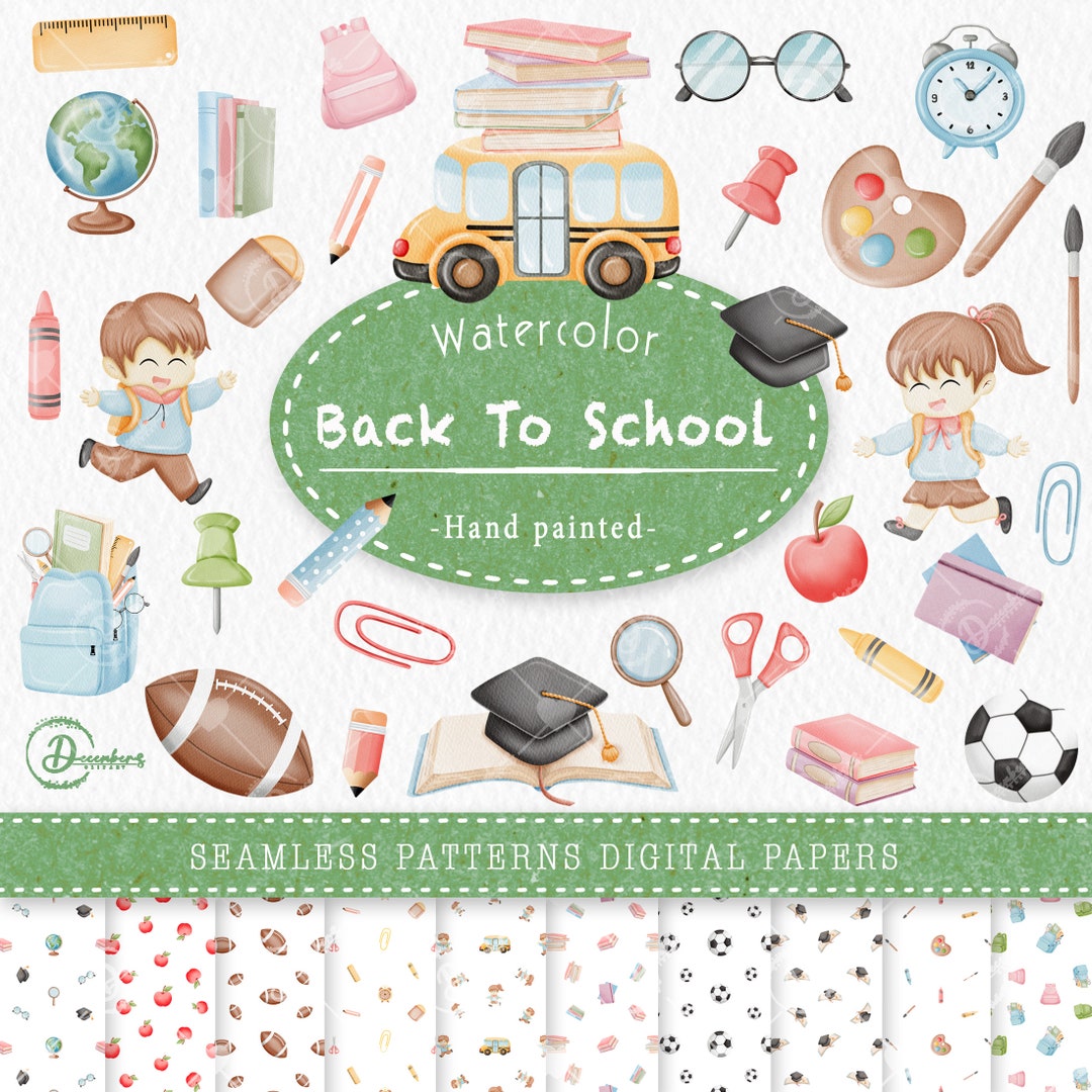Back to School Watercolor Clipart, School Supplies Clipart Set, School ...
