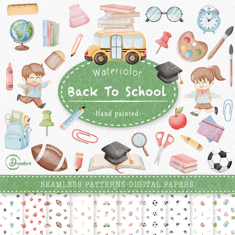 Back to School Watercolor Clipart, School Supplies Clipart Set, School ...
