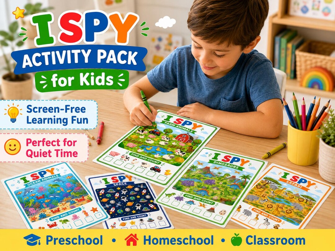I Spy Activity Pack, Preschool Learning Game, Search Find Worksheets ...