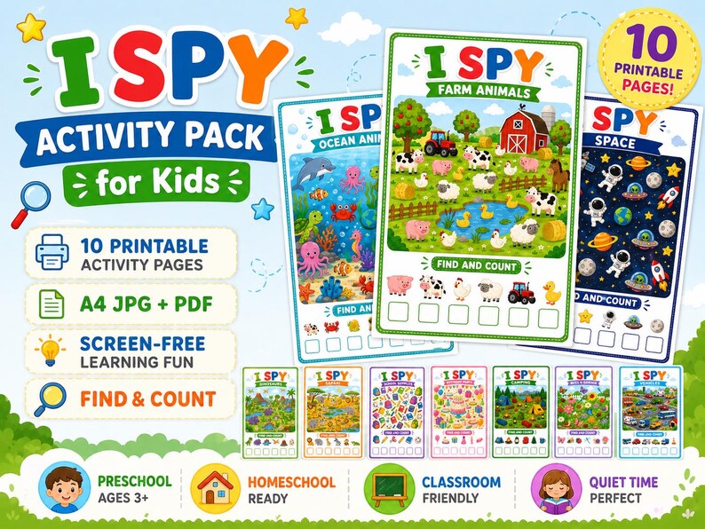 I Spy Activity Pack, Preschool Learning Game, Search Find Worksheets ...