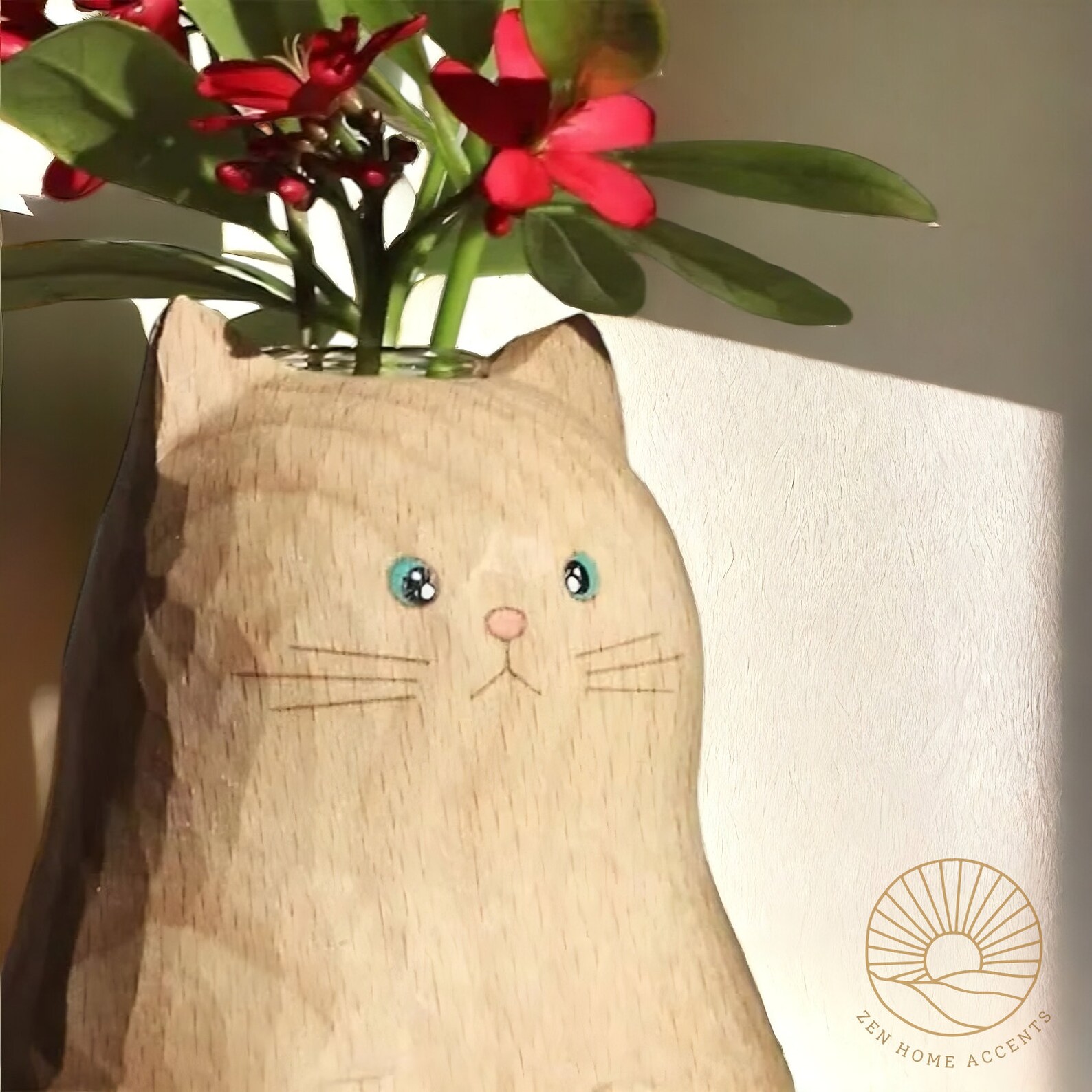 Cute Handmade Wooden Cat Vase, Unique Cat Flower Vase, Cat Plant Pot ...