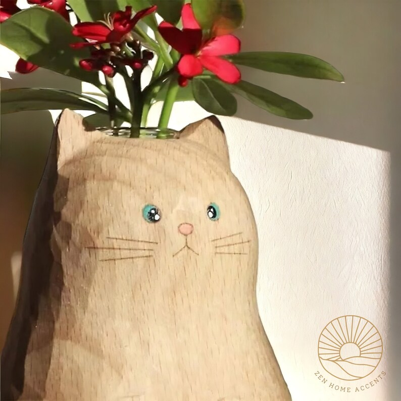 Cute Handmade Wooden Cat Vase, Unique Cat Flower Vase, Cat Plant Pot ...
