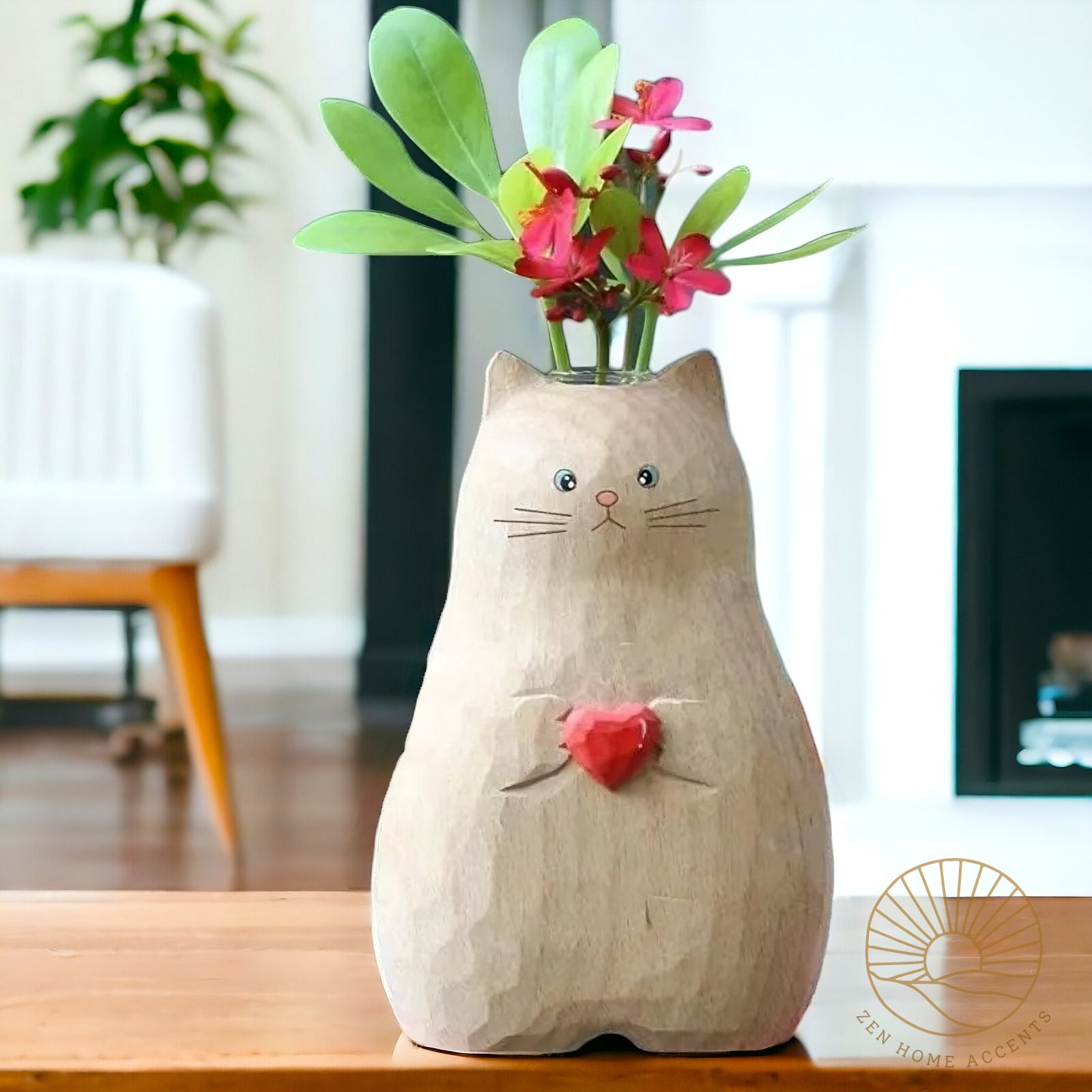 Cute Handmade Wooden Cat Vase, Unique Cat Flower Vase, Cat Plant Pot ...