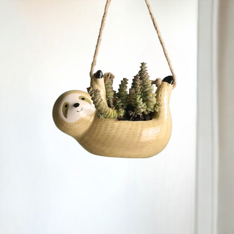 Hanging Ceramic Sloth Planter Pot, Swinging Flower Pot, Ceramic Planter ...