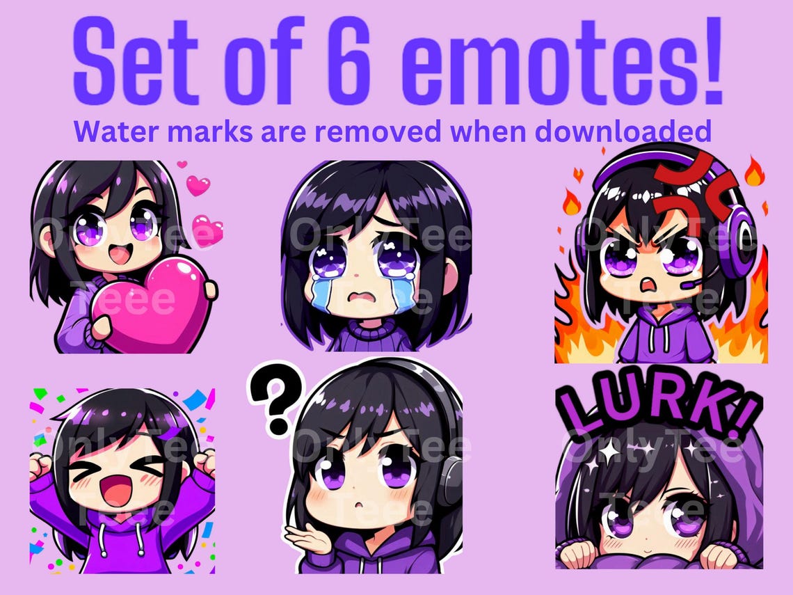 Black Hair Purple Chibi Girl Emote Pack, Premade Emotes for Use on ...