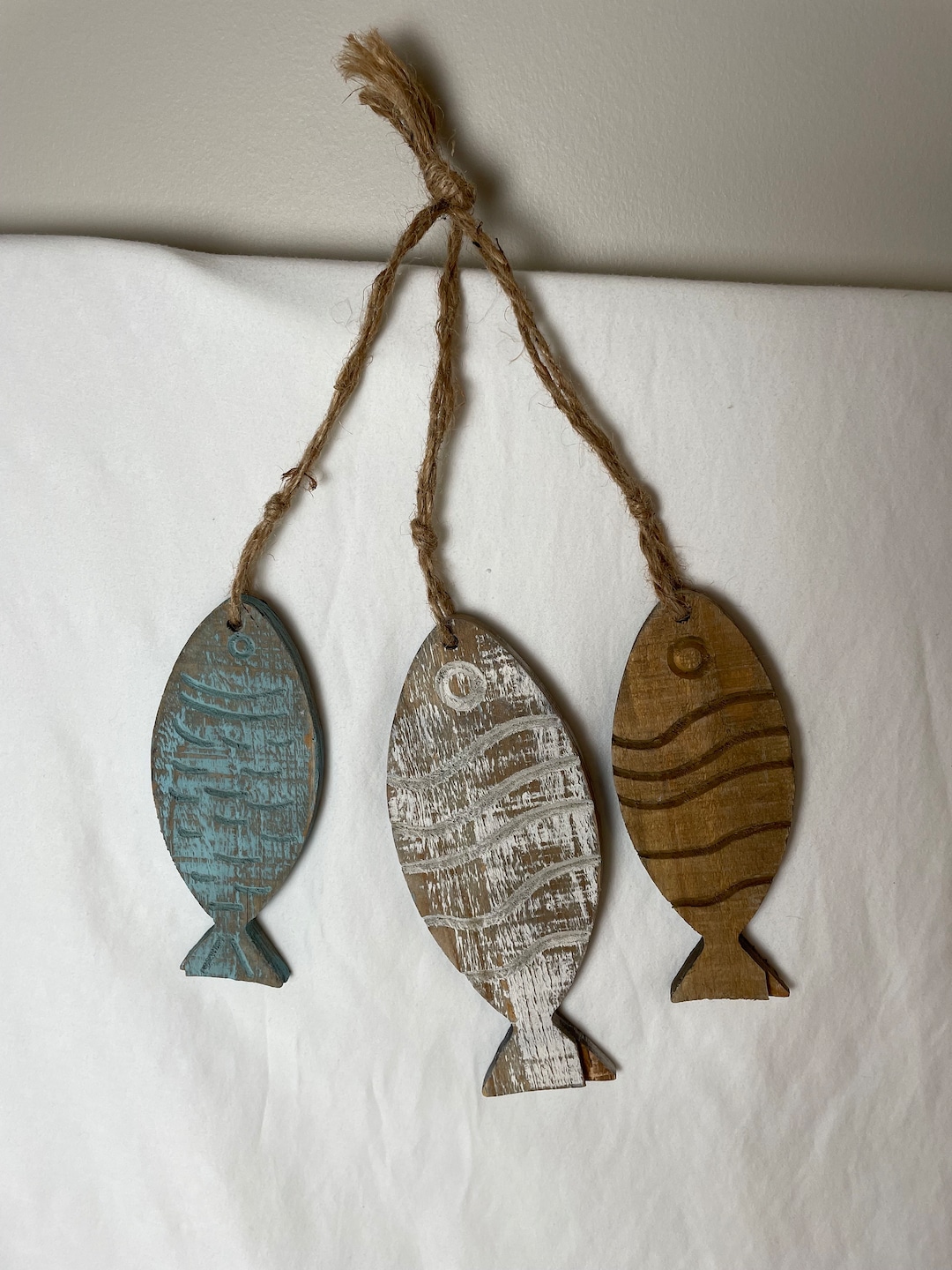 Set of 3 Carved Wooden Fish Rope Hanging - Etsy