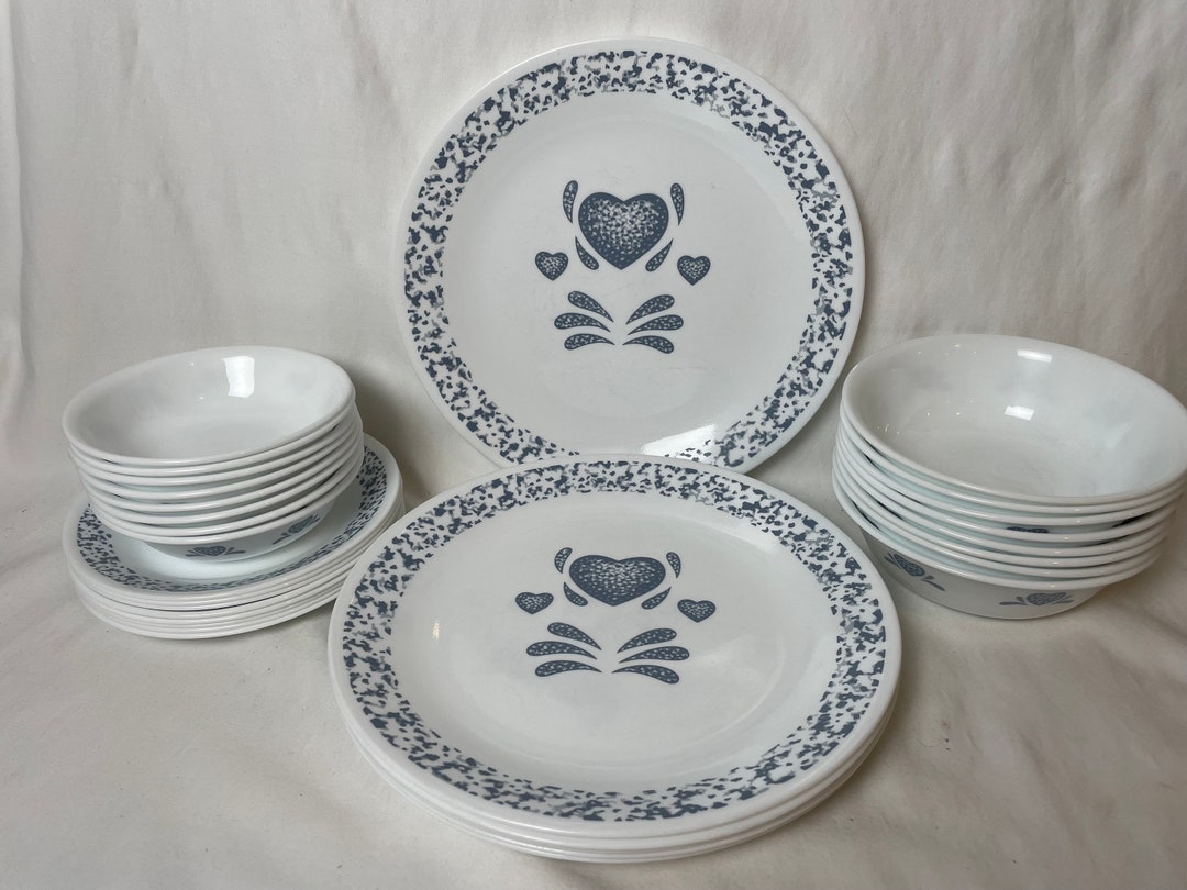 30 Piece Set Corelle blue Hearts Sponge Plates and Bowls - Etsy