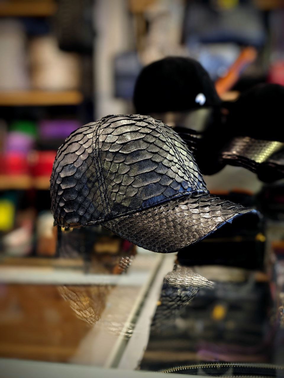 Luxurious Italian Black Python Baseball Cap, Dragon Pattern Snakeskin ...